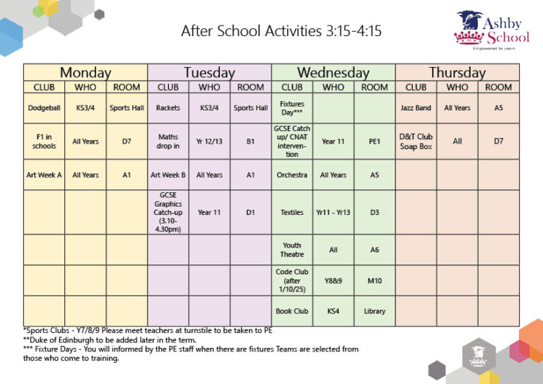 Timetable of Clubs and Activities - Ashby School